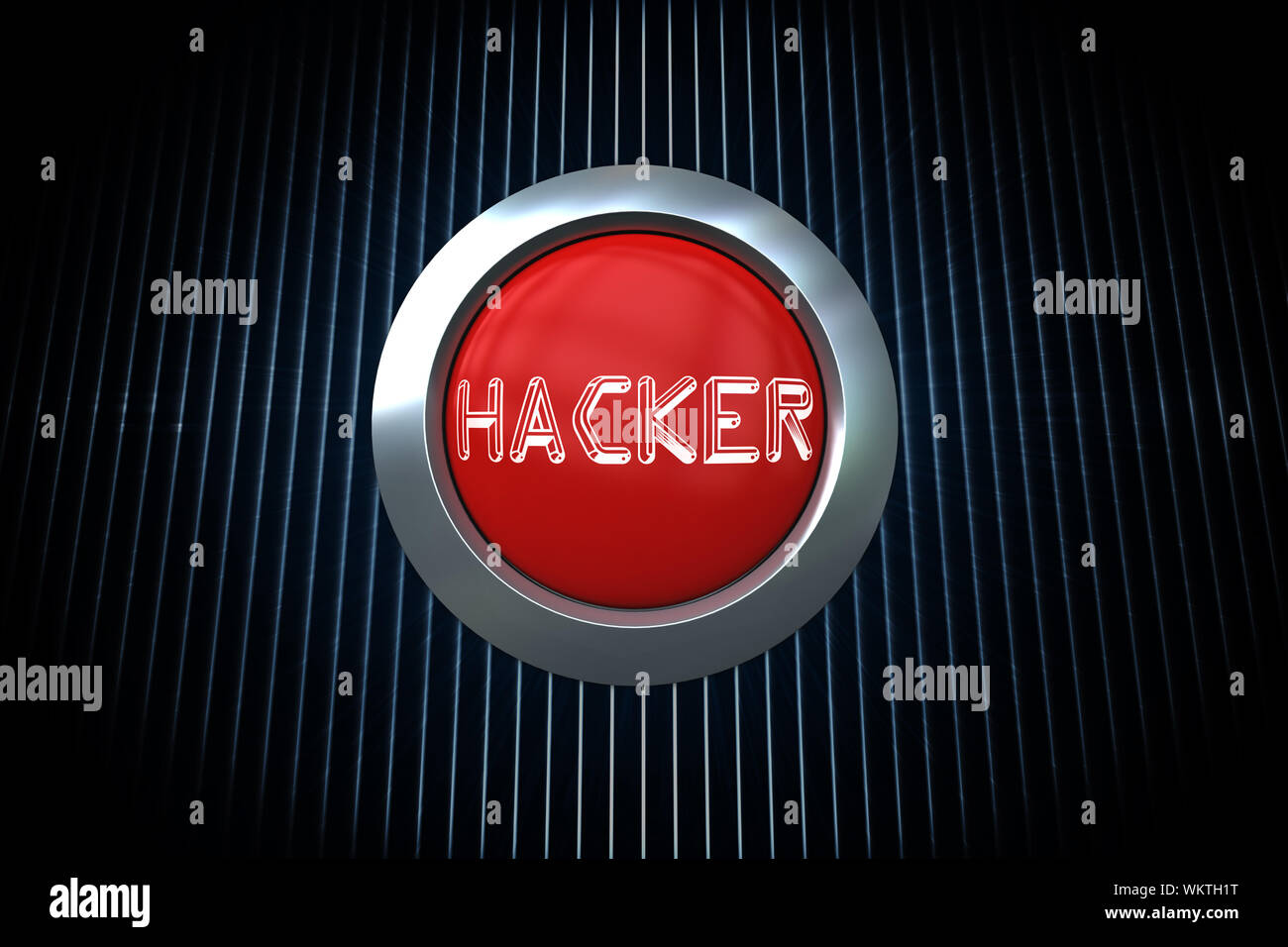 Hacker on digitally generated red push button against shiny lines on ...