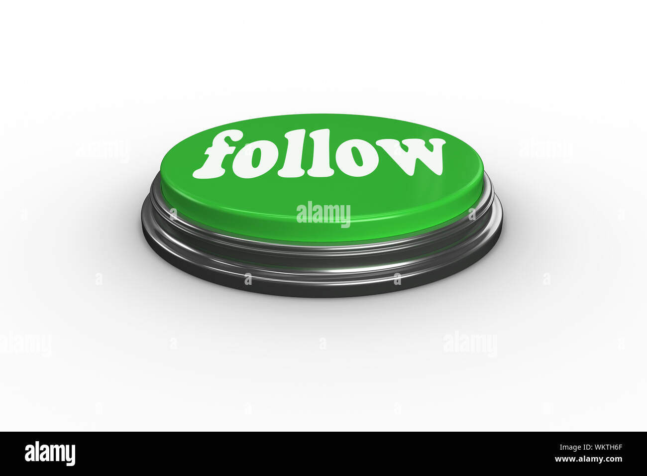 The word follow on digitally generated green push button Stock Photo ...