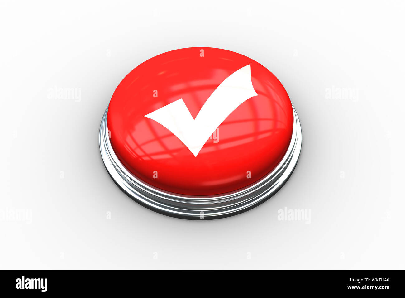 Composite image of tick symbol graphic on digitally generated red push ...