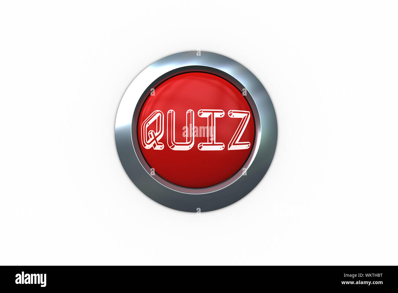 Quiz on digitally generated red push button against white background ...