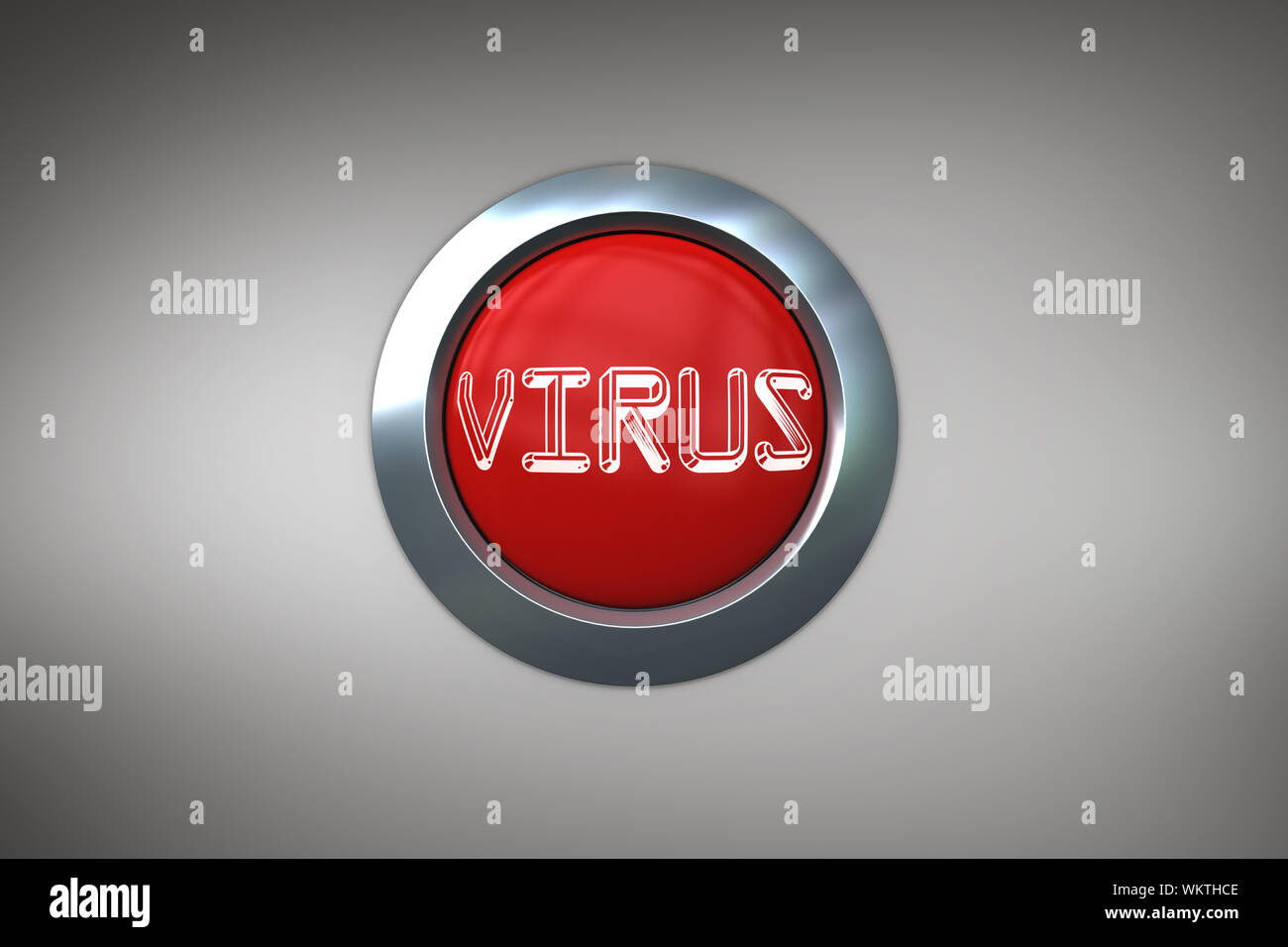 Virus on digitally generated red push button against grey vignette ...