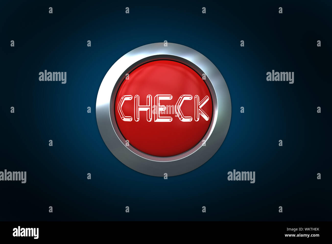 Check on digitally generated red push button against blue background ...