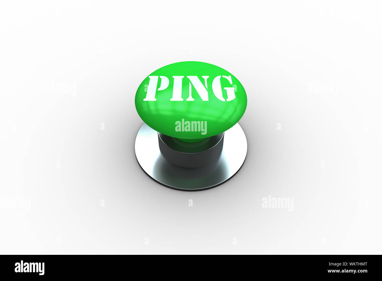 The word ping on digitally generated green push button on white ...