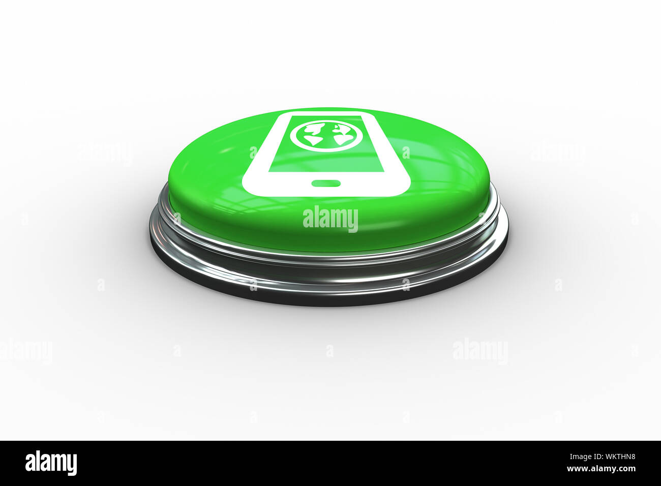Earth on tablet screen graphic on digitally generated green push button ...