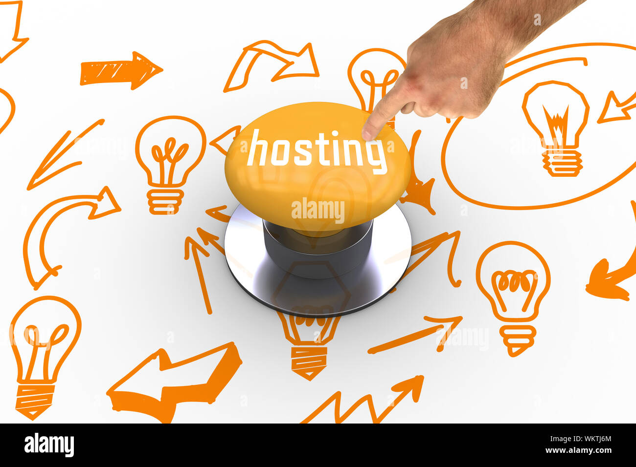 The word hosting and hand pointing against yellow push button Stock ...