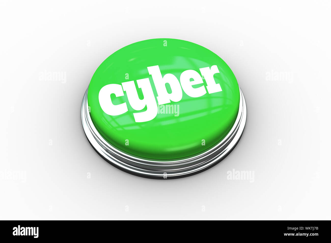 The word cyber on digitally generated green push button on white ...