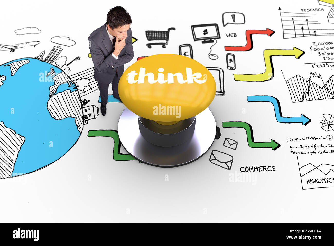 The word think and thinking businessman touching his chin against ...