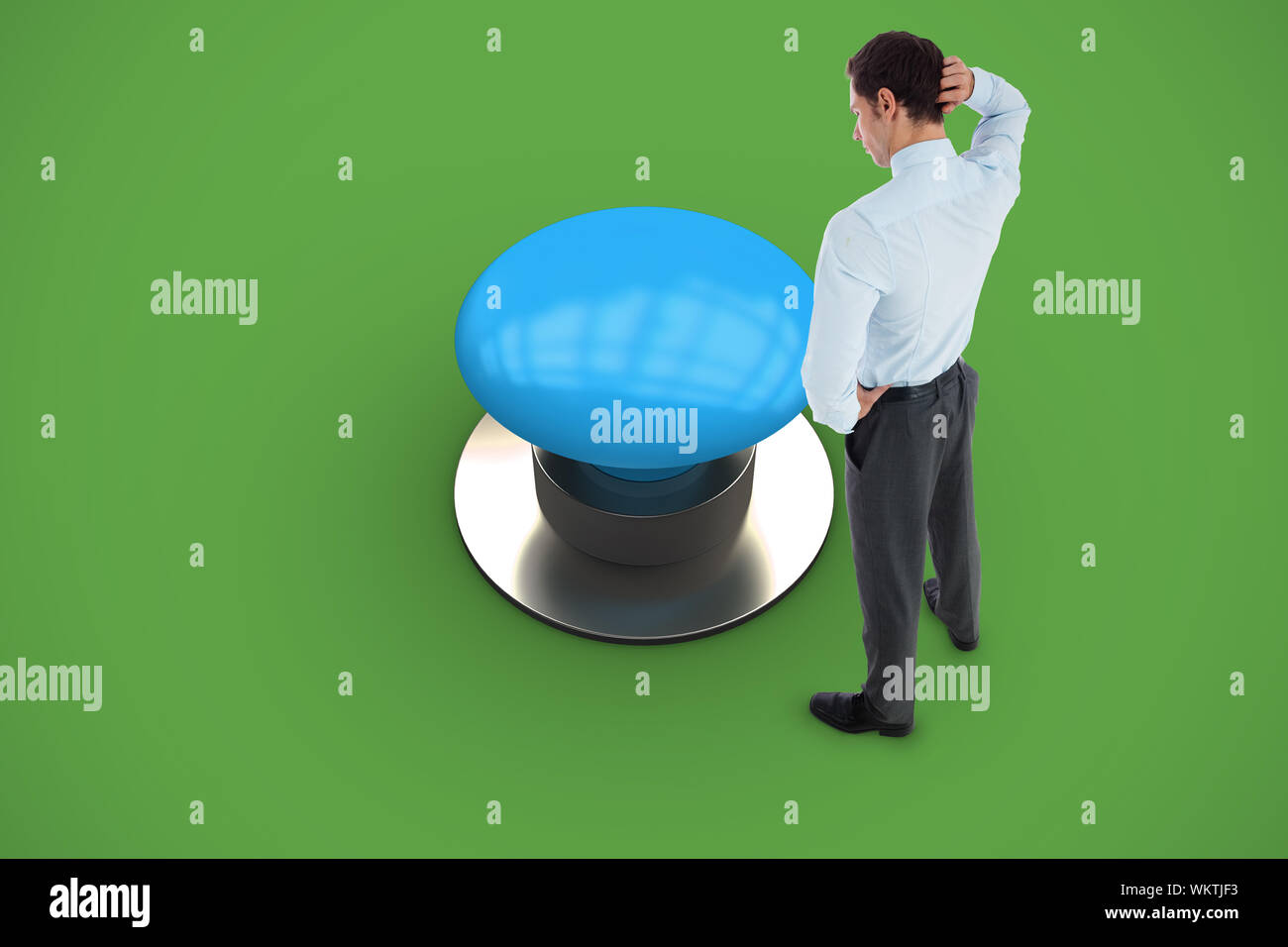 Thinking businessman scratching head against green background Stock ...