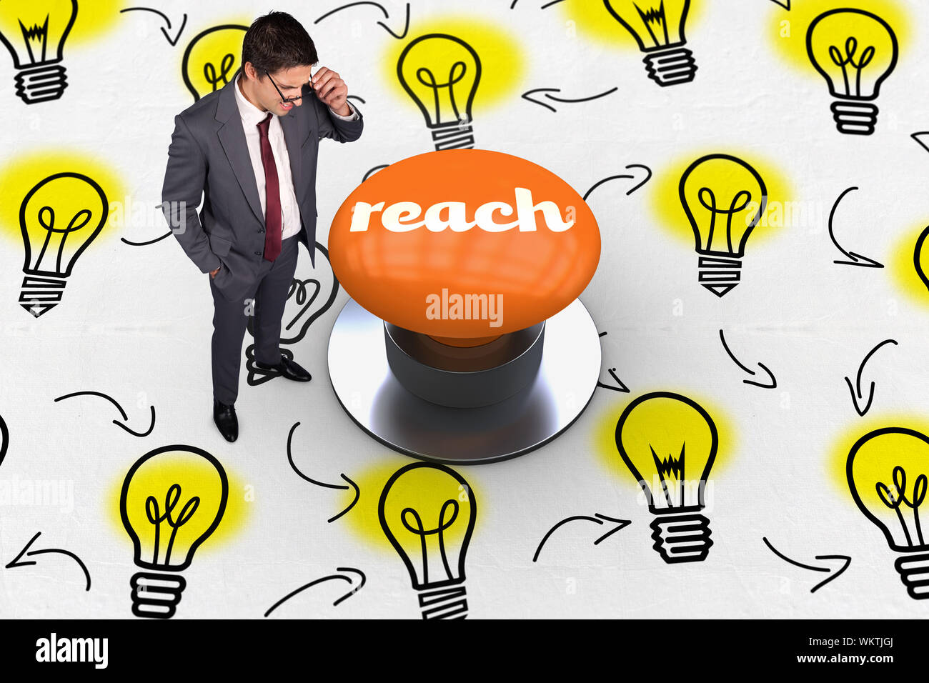 The word reach and thinking businessman touching his glasses against ...