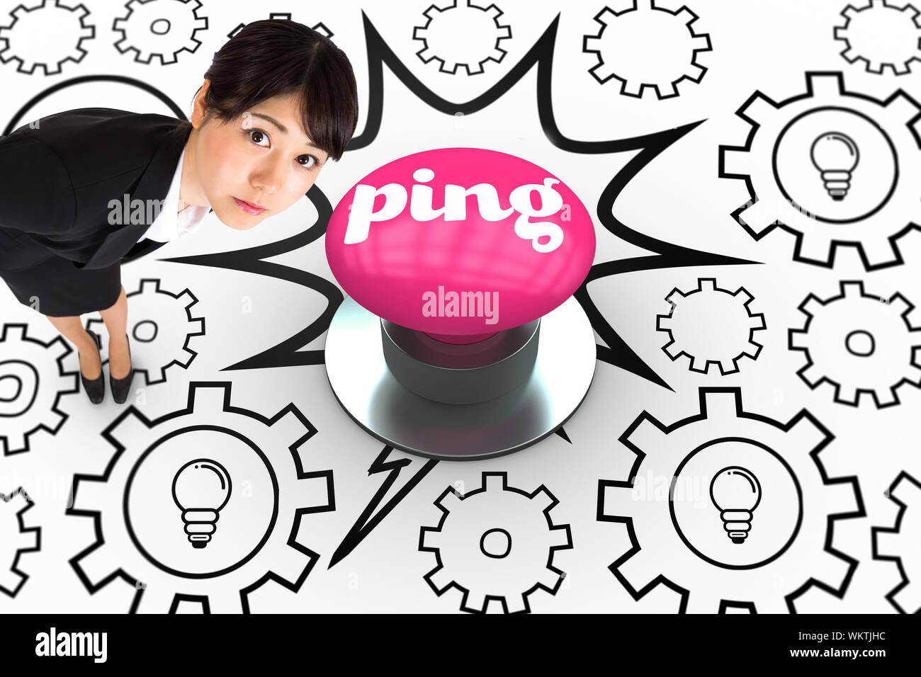The word ping and serious businesswoman bending against pink push ...