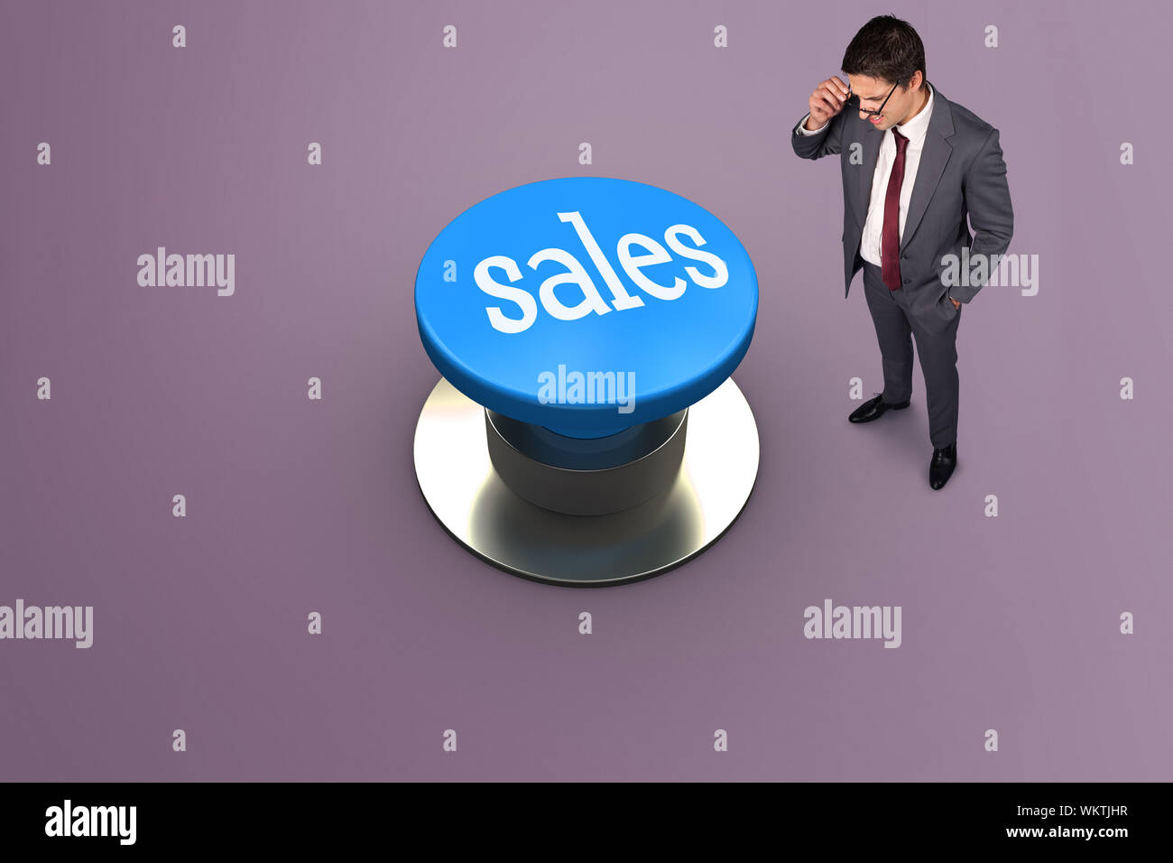 The word sales and thinking businessman touching his glasses against ...