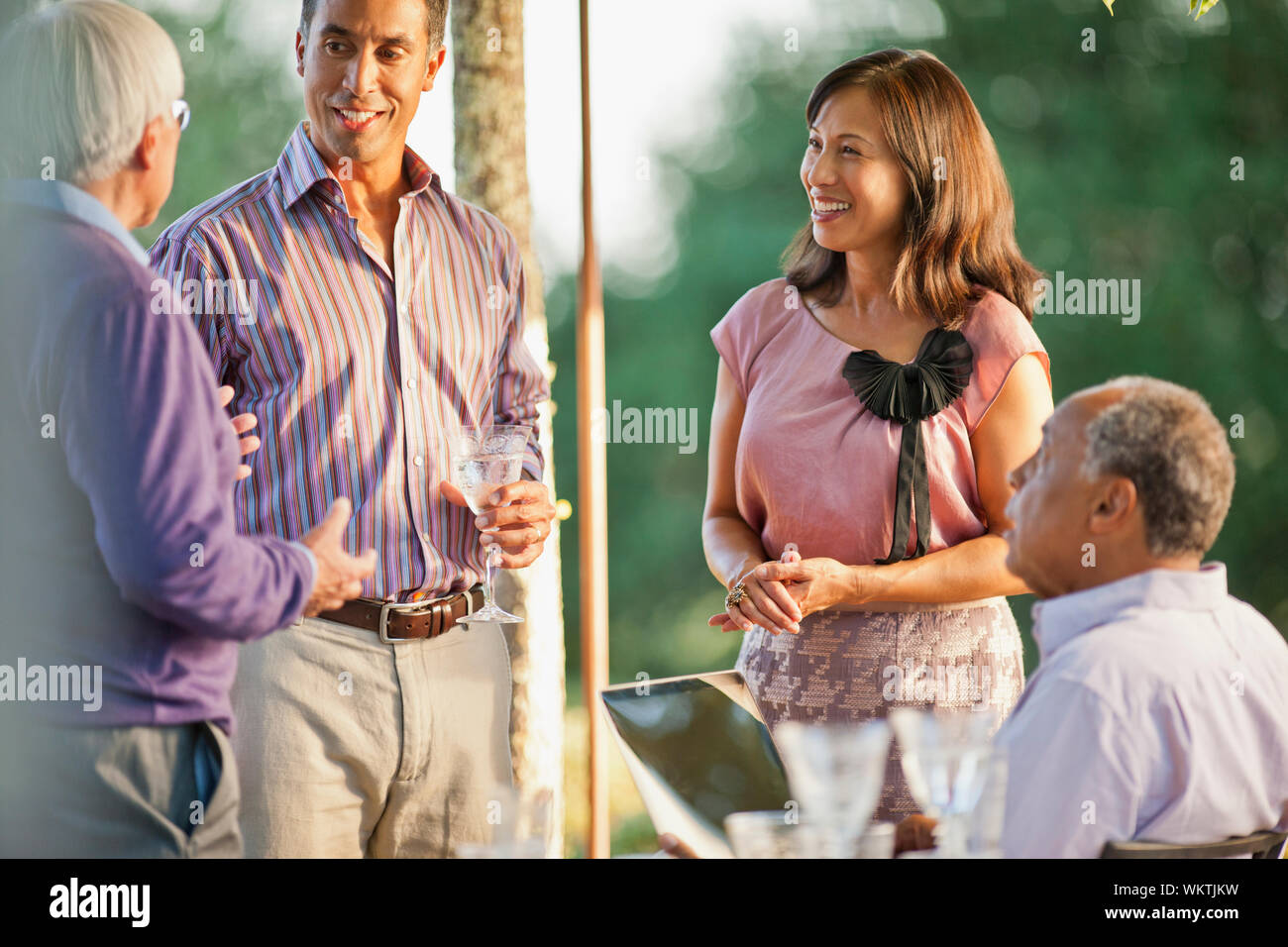 Smiling group of friends talking at a social gathering Stock Photo - Alamy