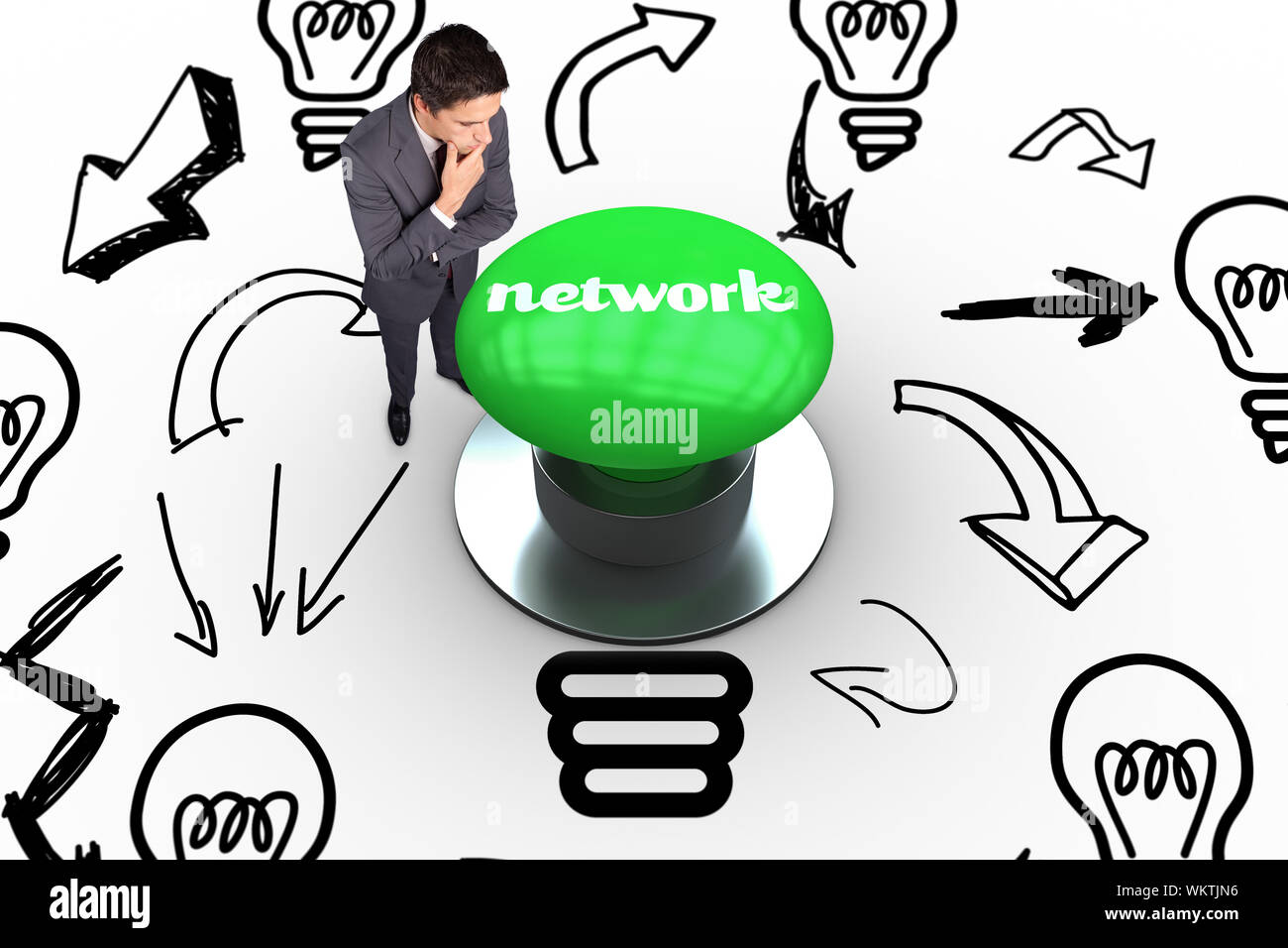 The word network and thinking businessman touching his chin against ...