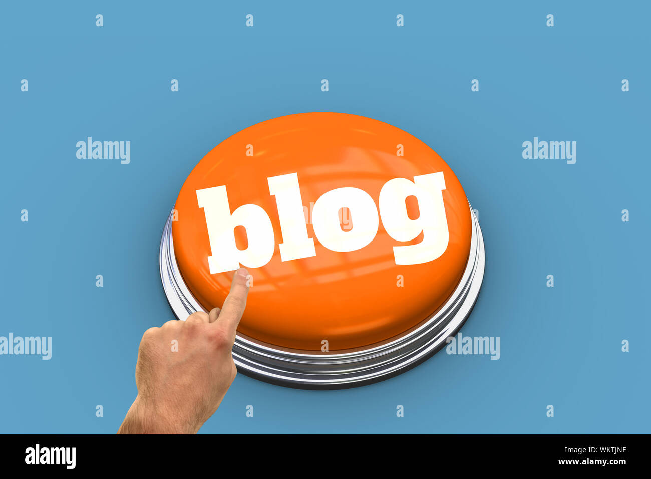 The word blog and hand pointing against blue background Stock Photo - Alamy