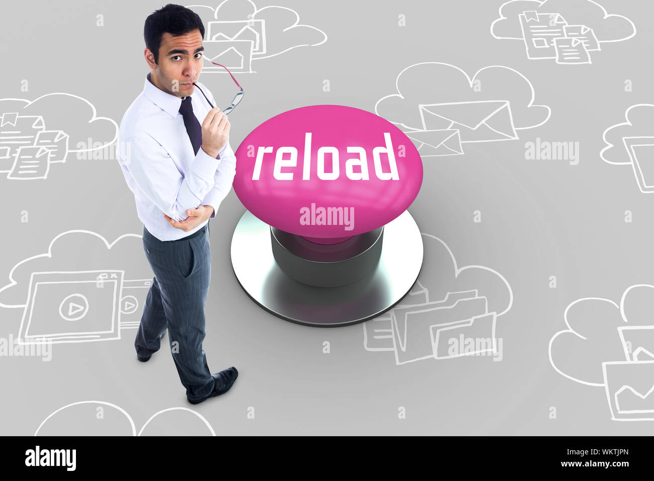 The word reload and unsmiling businessman holding glasses against pink ...