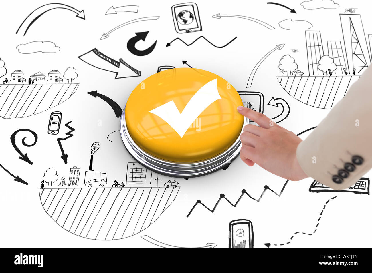 Businesswoman pointing against tick symbol on white graphic background ...