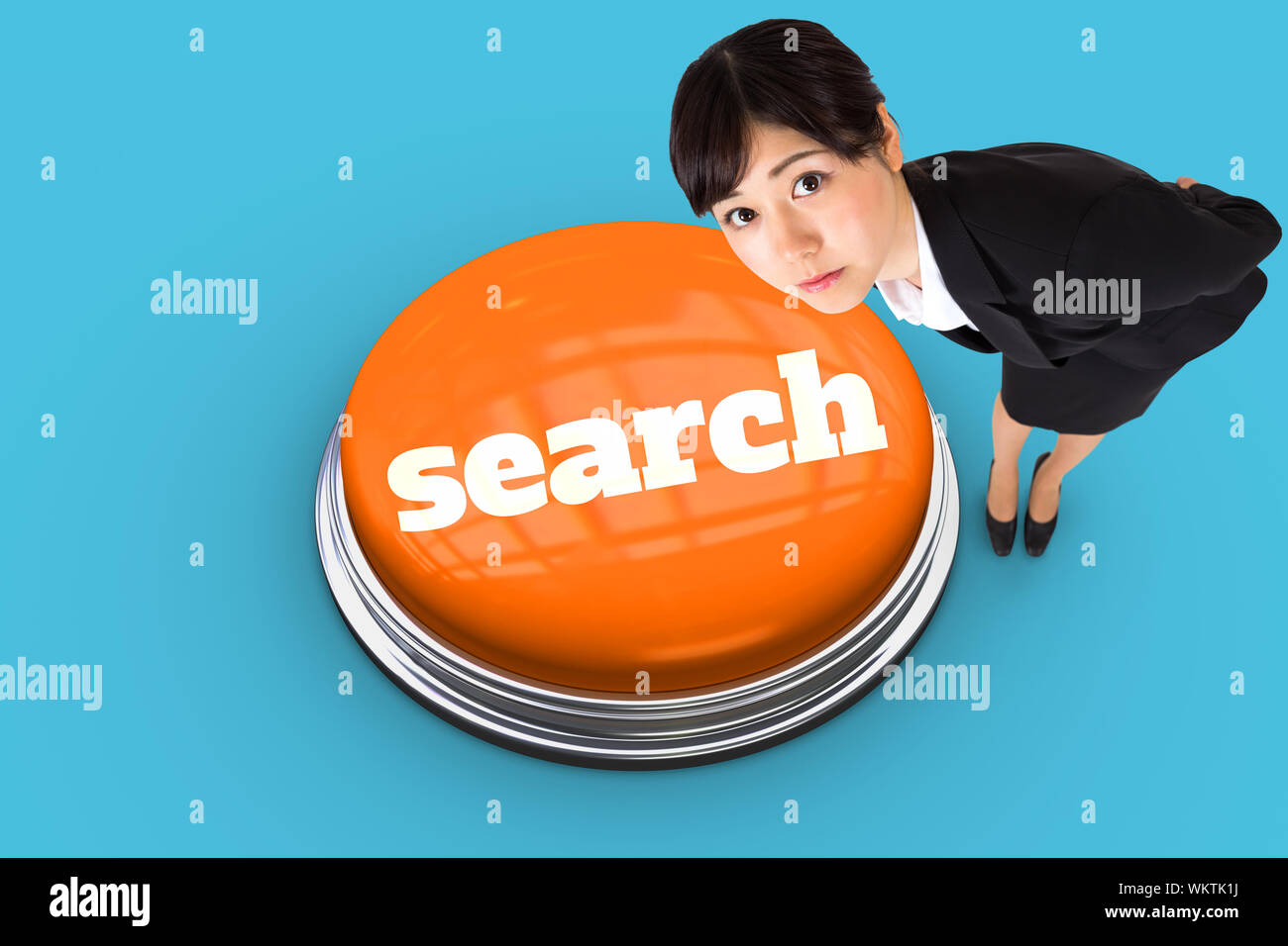 The word search and serious businesswoman bending against blue ...