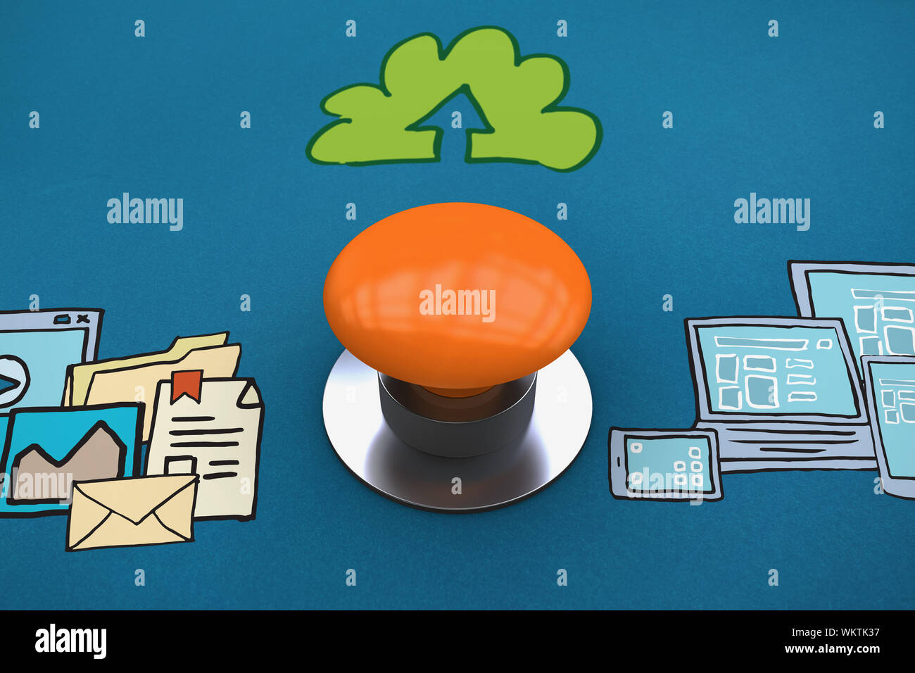 Orange push button against cloud computing doodle Stock Photo - Alamy