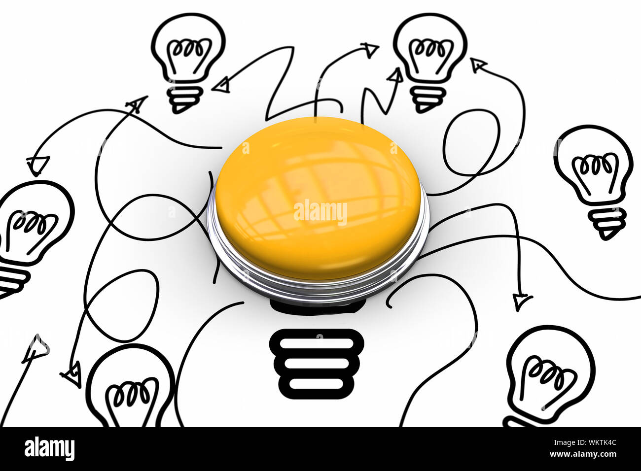 Shiny yellow push button against idea and innovation graphic Stock ...