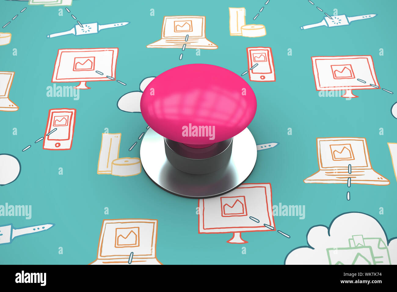 Pink push button against blue vignette Stock Photo - Alamy