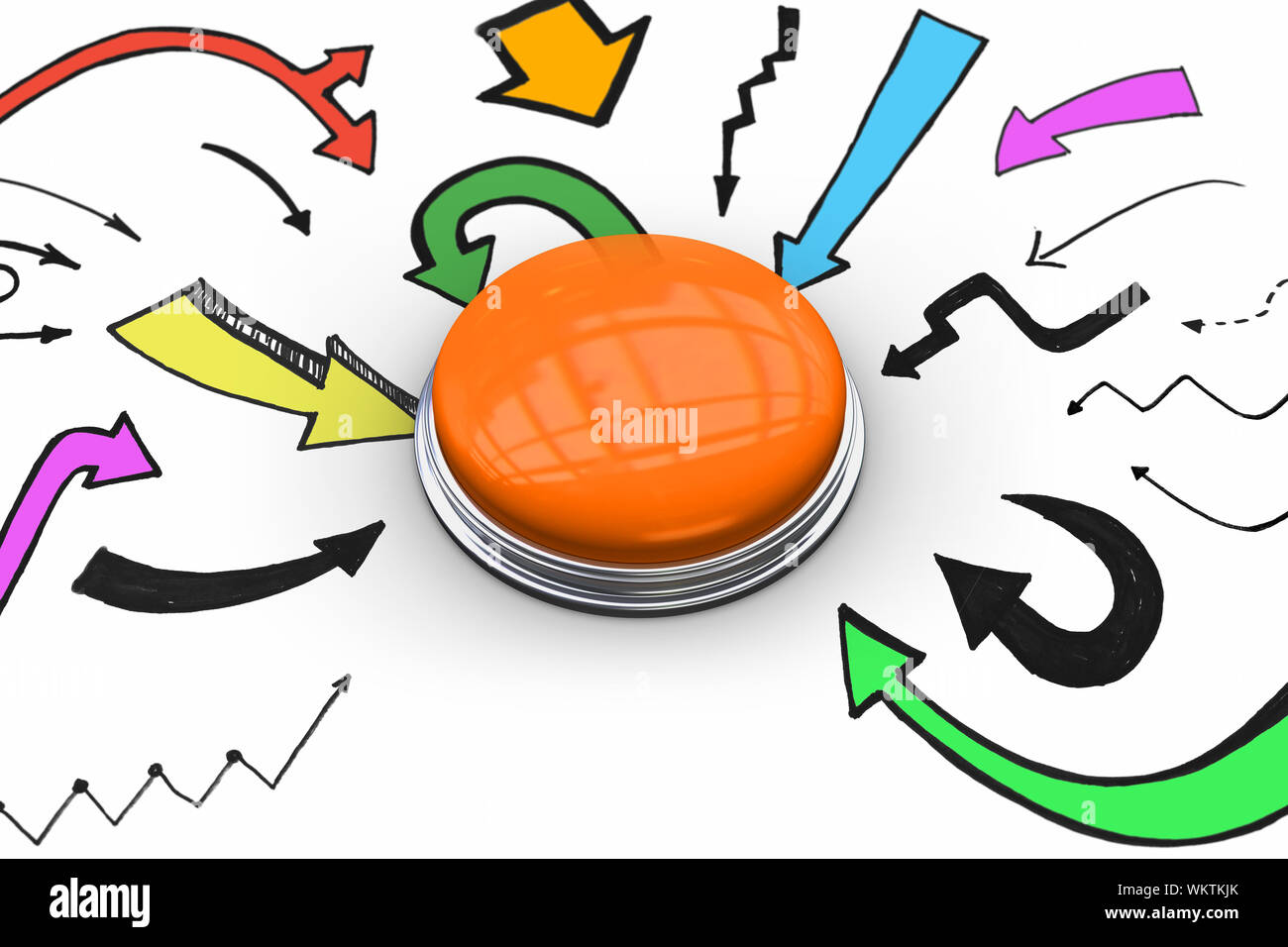 Shiny orange push button against arrows graphic Stock Photo - Alamy