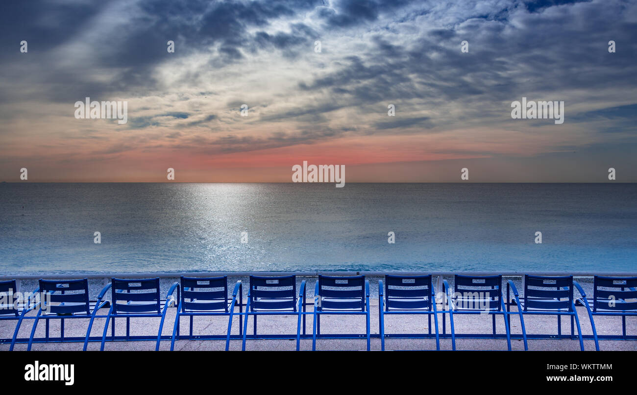 Iconic blue chairs on the Promenade des Anglais, Nice, France ...
