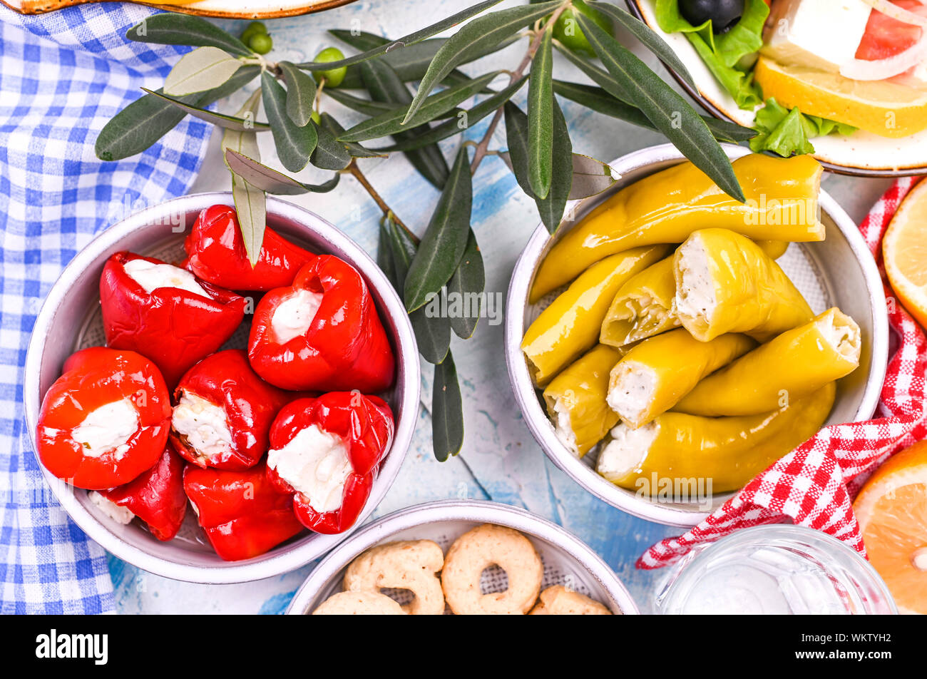 Traditional appetizers, green and red olives from Greek cuisine. Fresh ...