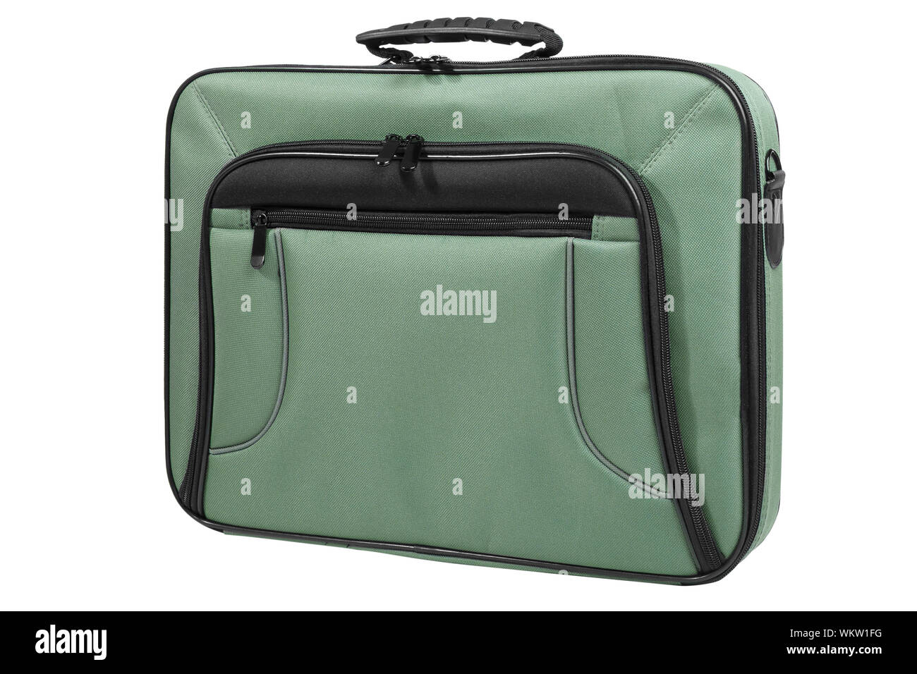 Laptop bag in green color, front view, isolated on white background ...
