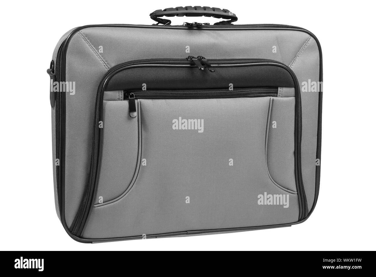 Laptop bag in gray color, front view, isolated on white background ...