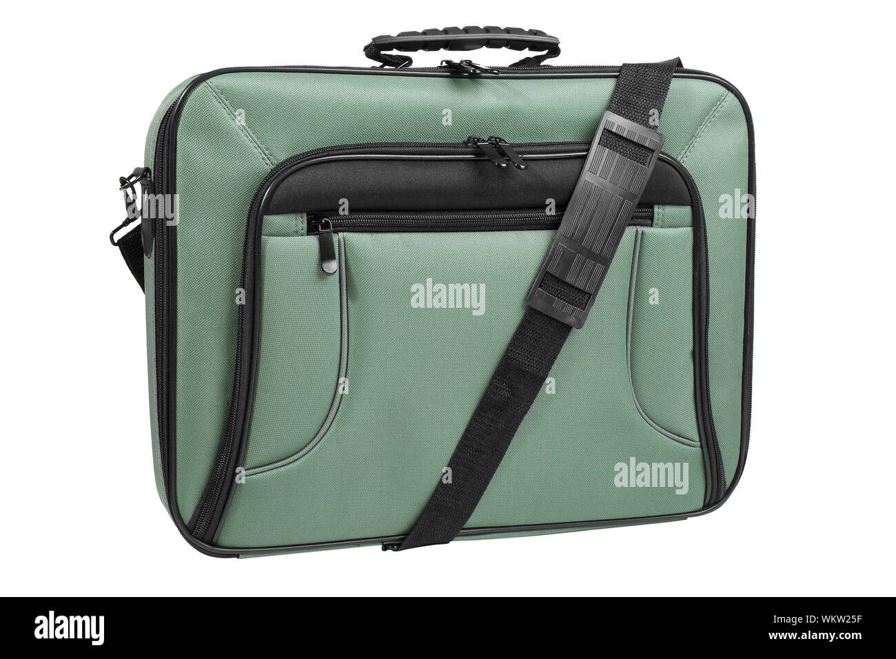 Green laptop bag with shoulder strap, front view, isolated on white ...