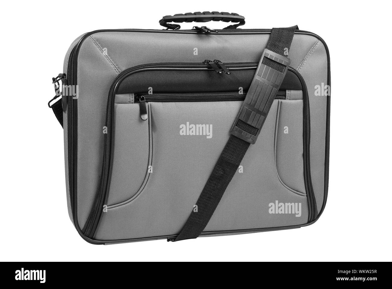 Gray laptop bag with shoulder strap, front view, isolated on white ...