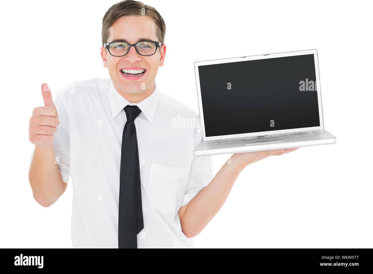 Geeky businessman holding his laptop showing thumbs up on white ...