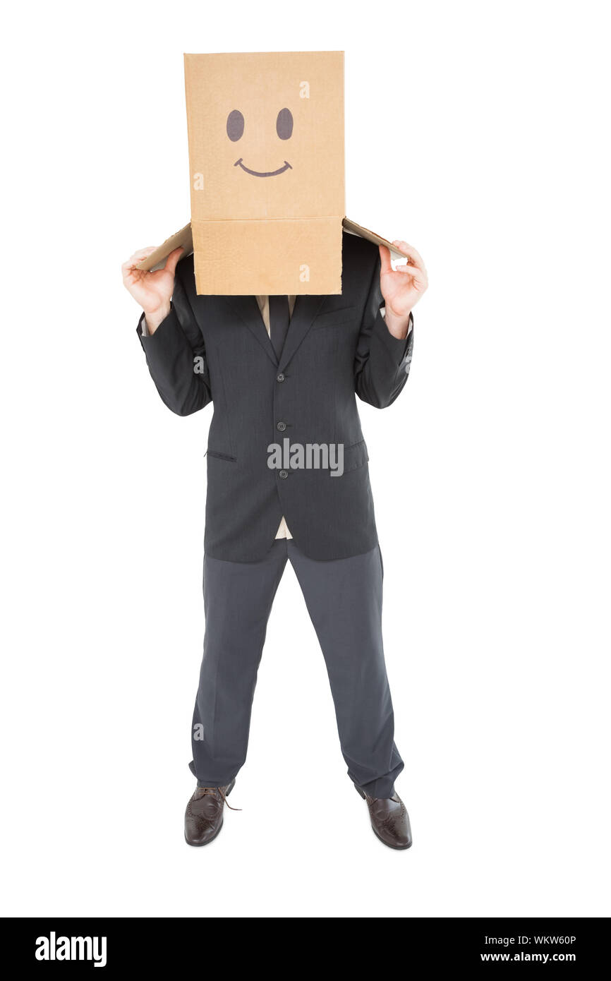 Businessman with box on head on white background Stock Photo - Alamy