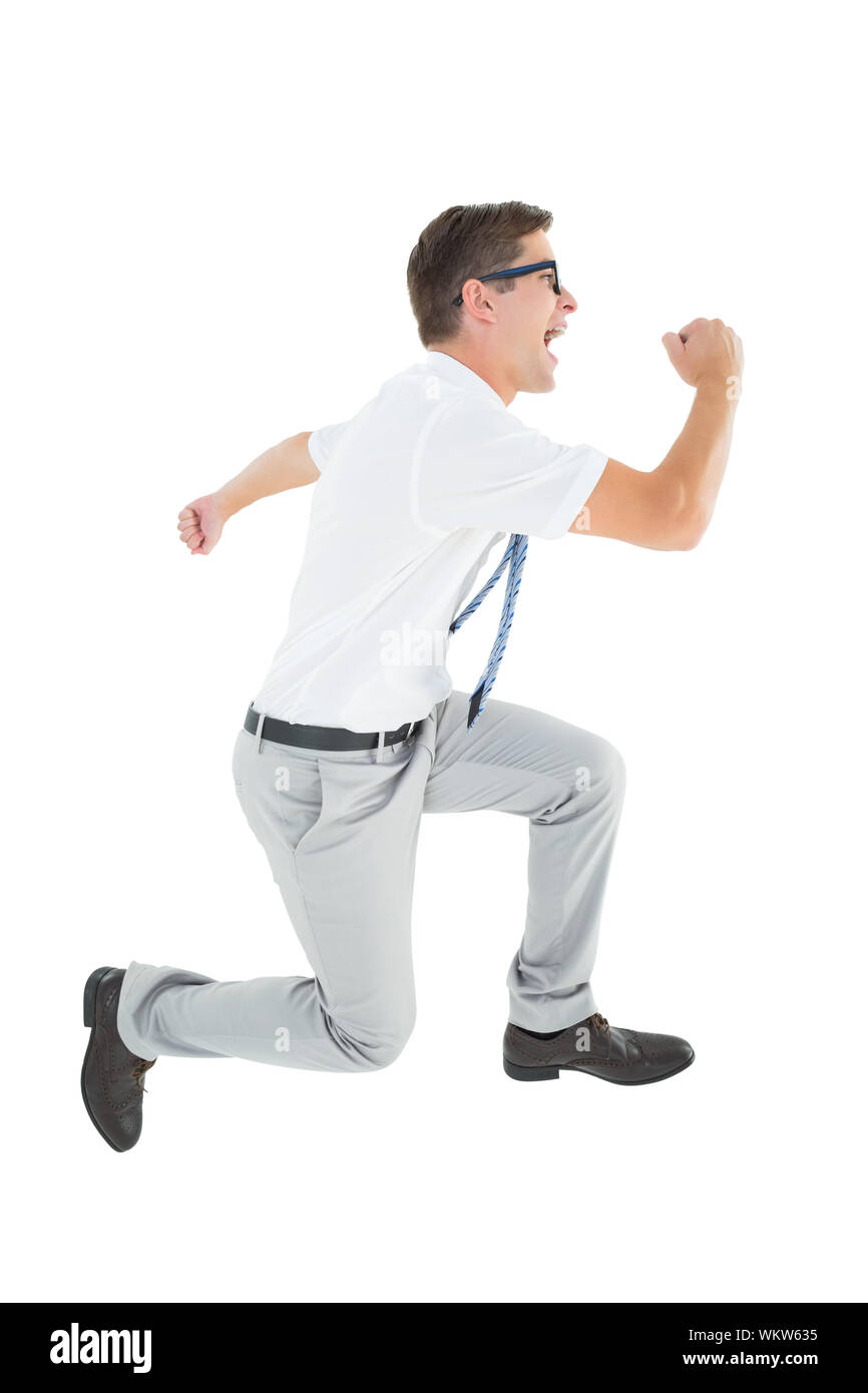 Geeky happy businessman running mid air on white background Stock Photo ...