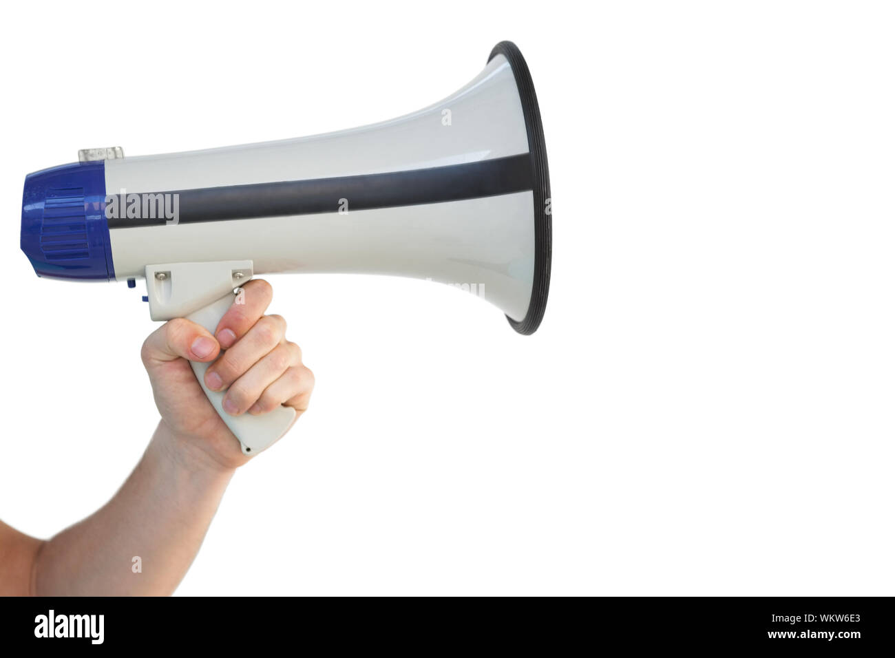 Mans hand holding a megaphone on white background Stock Photo - Alamy