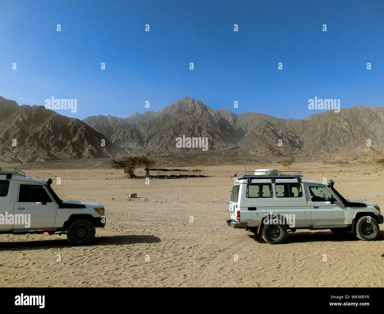 Landscape of Sinai desert with SUV for a safari for tourist, sharm el ...