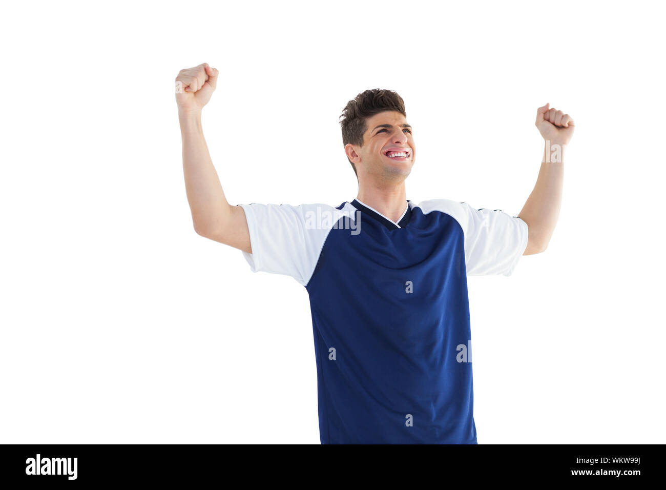 Football player in blue celebrating on white background Stock Photo - Alamy