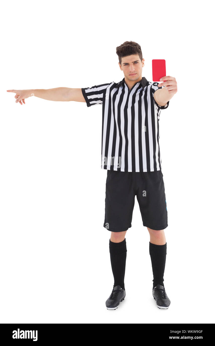 Stern referee showing red card on white background Stock Photo - Alamy