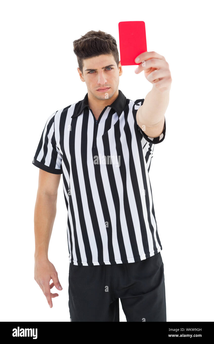 Stern referee showing red card on white background Stock Photo - Alamy