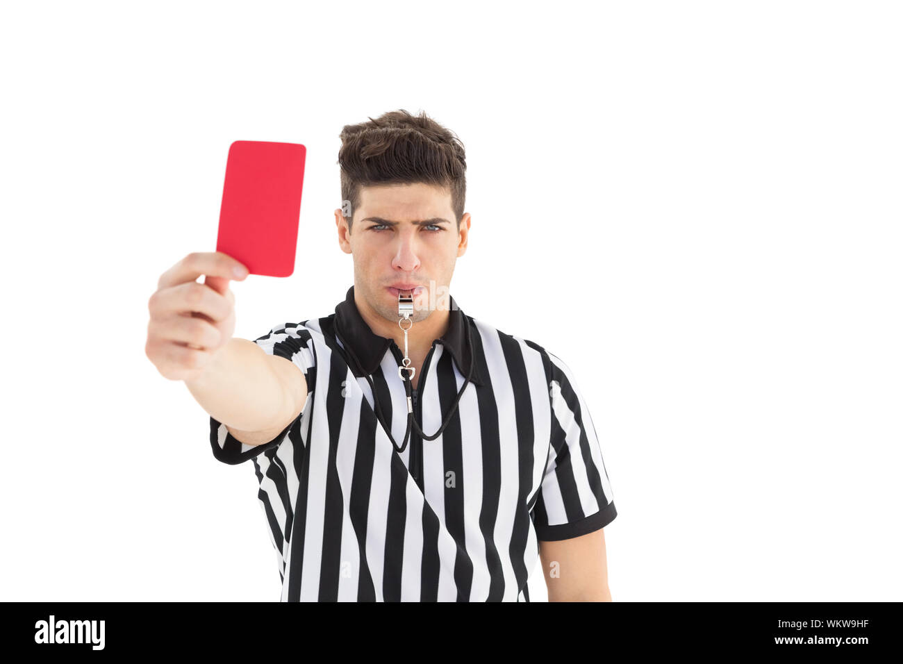 Stern referee showing red card on white background Stock Photo - Alamy