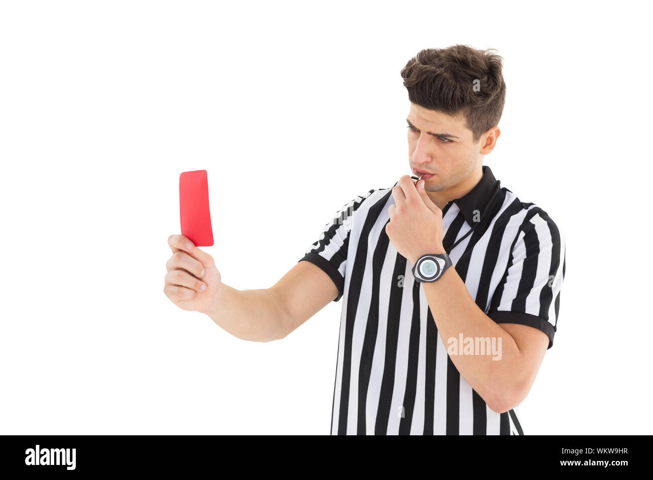 Stern referee showing red card on white background Stock Photo - Alamy
