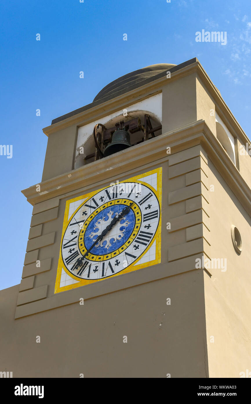 ISLE OF CAPRI, ITALY - AUGUST 2019: Clock and bell tower in the centre ...