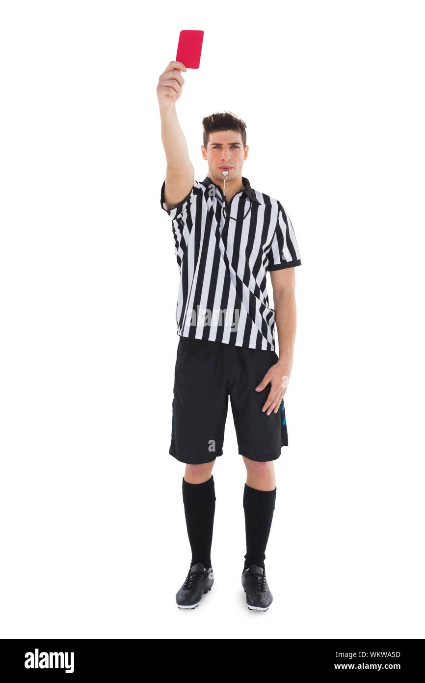 Stern referee showing red card on white background Stock Photo - Alamy