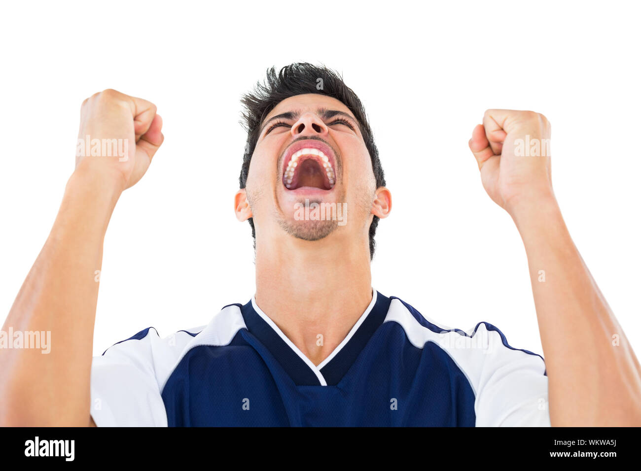 Football player in blue cheering on white background Stock Photo - Alamy