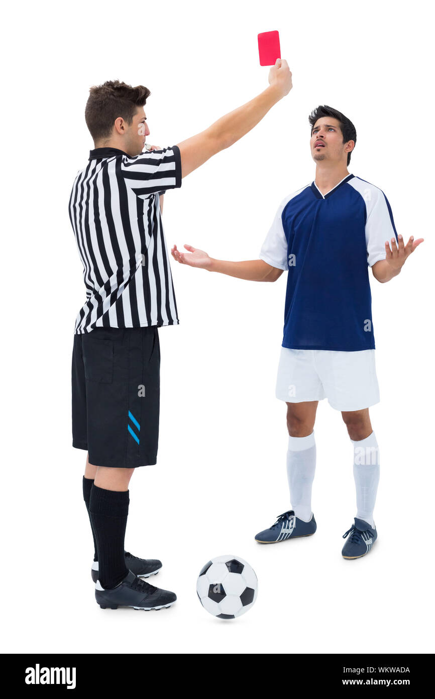 Referee sending off football player on white background Stock Photo - Alamy