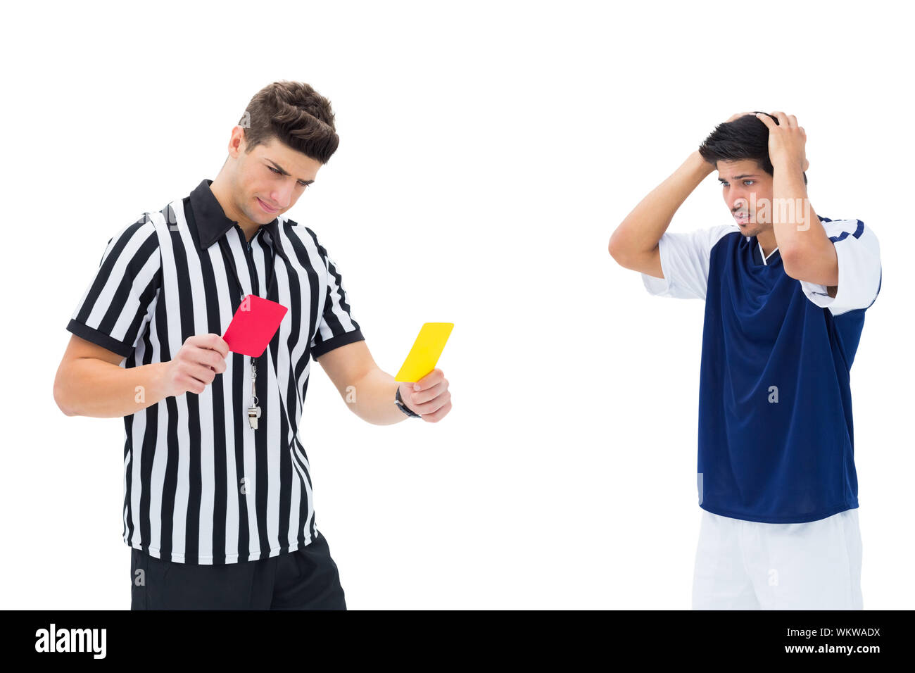 Referee showing yellow card to football player on white background ...