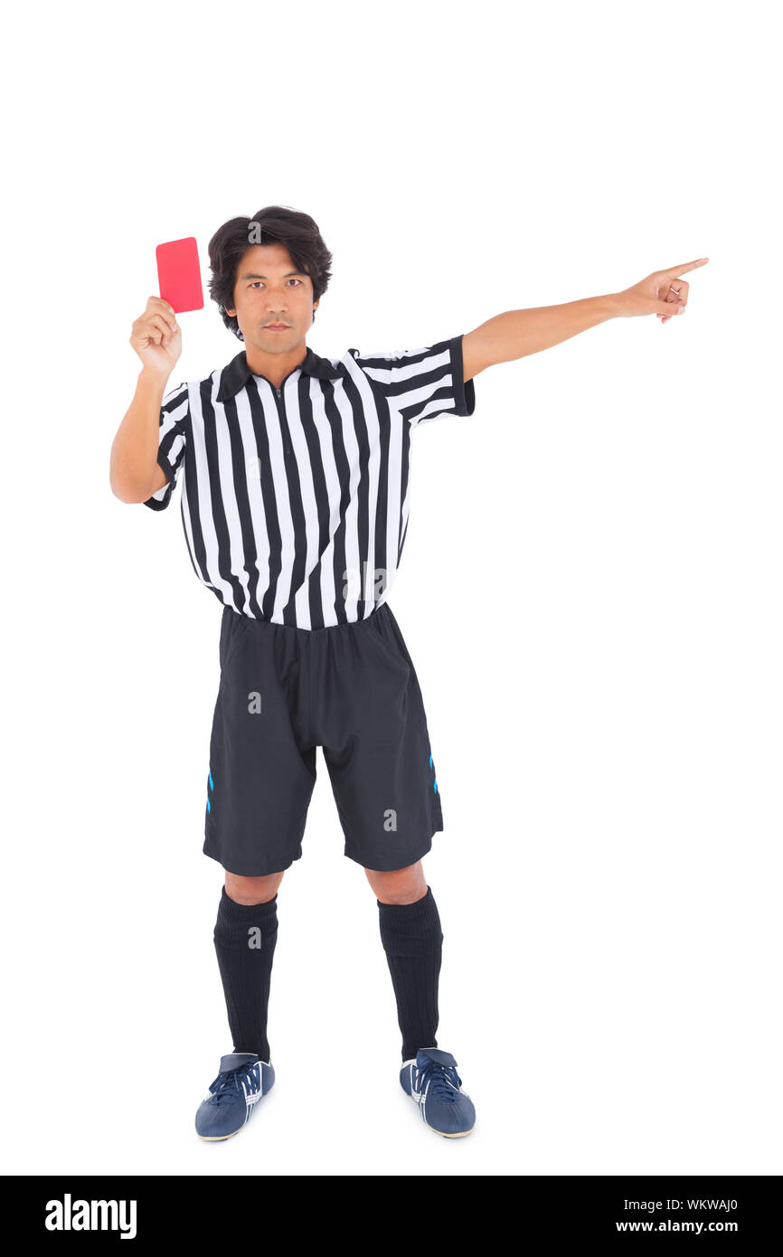 Stern referee showing red card on white background Stock Photo - Alamy