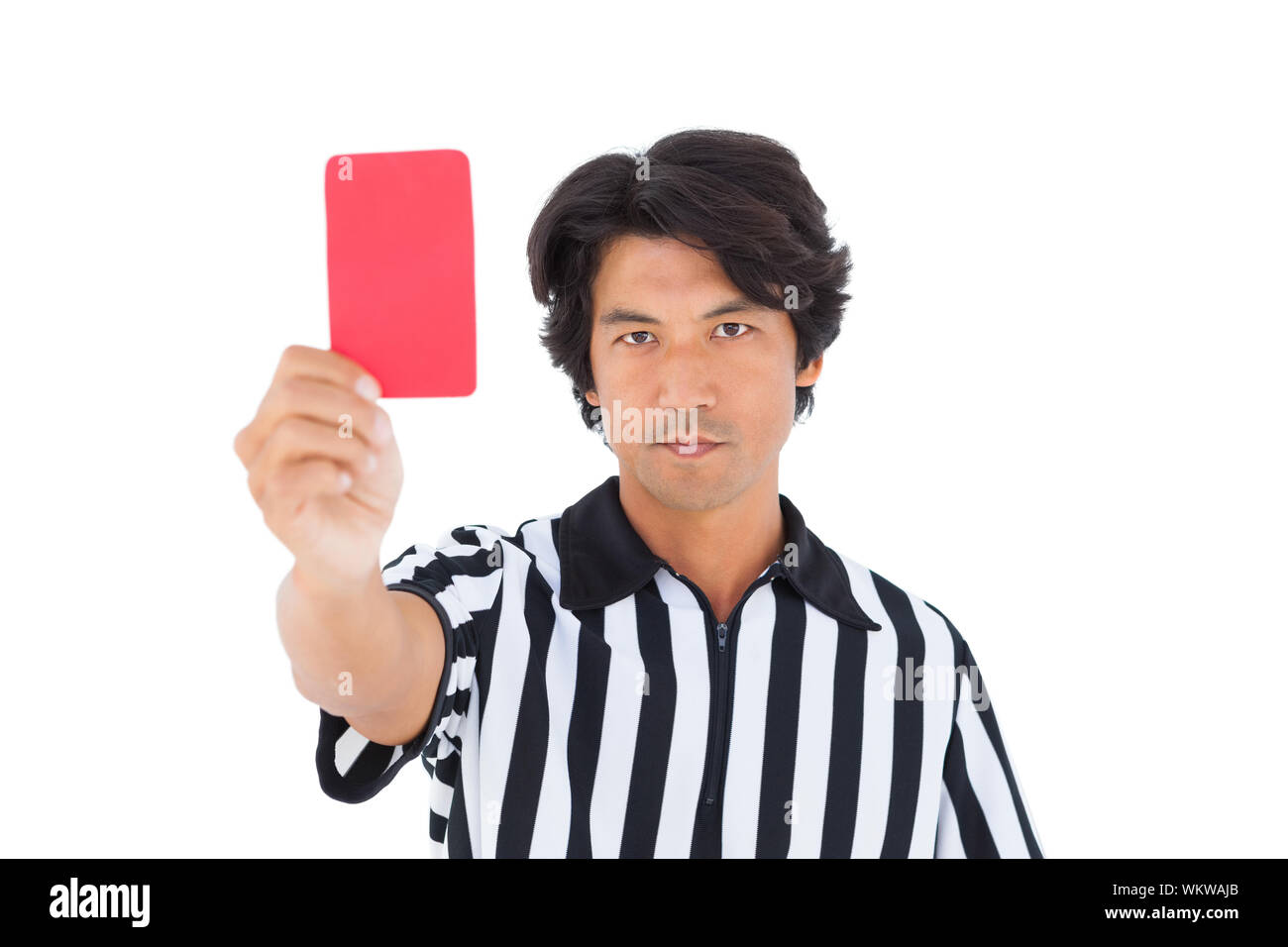Stern referee showing red card on white background Stock Photo - Alamy