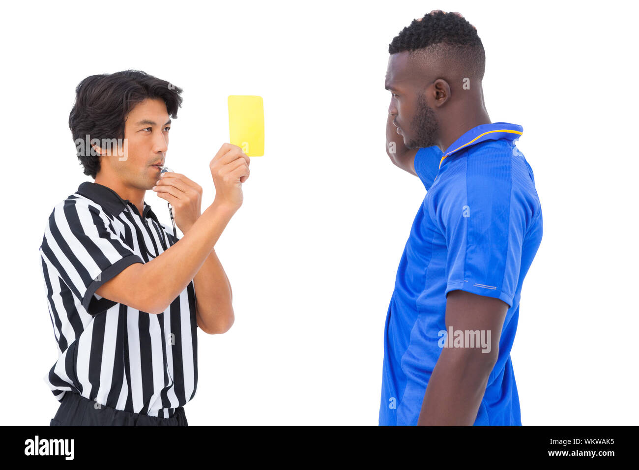 Referee showing yellow card to football player on white background ...