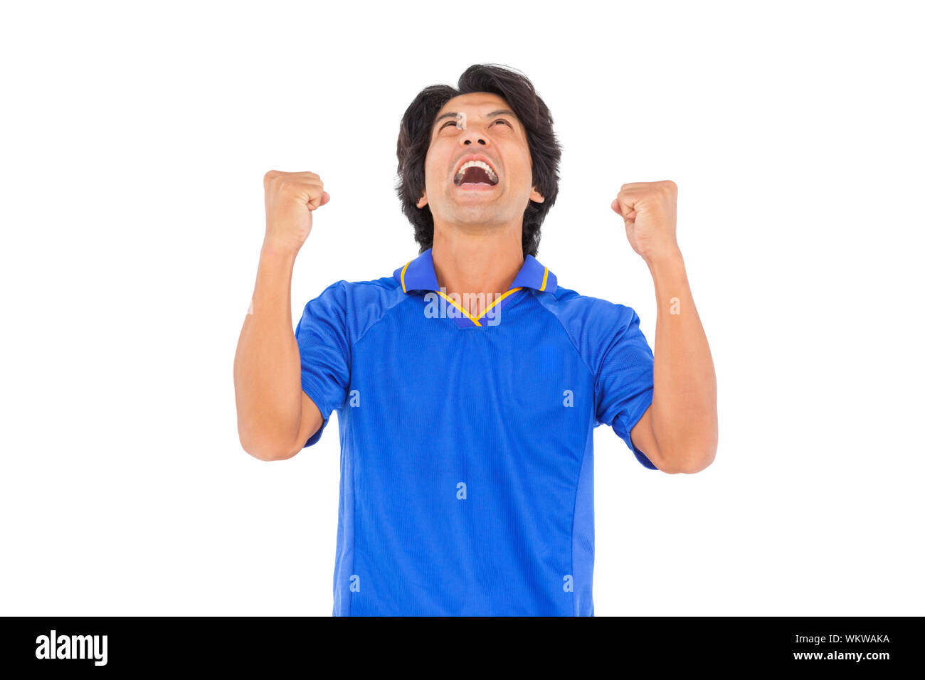 Football player in blue celebrating a victory on white background Stock ...